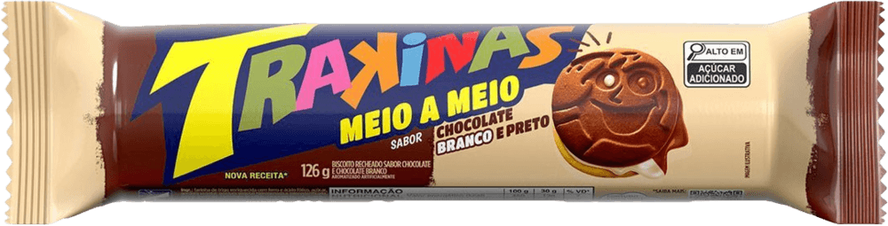 Biscoito Recheado Trakinas Meio a Meio chocolate ao leite e branco 126g ...